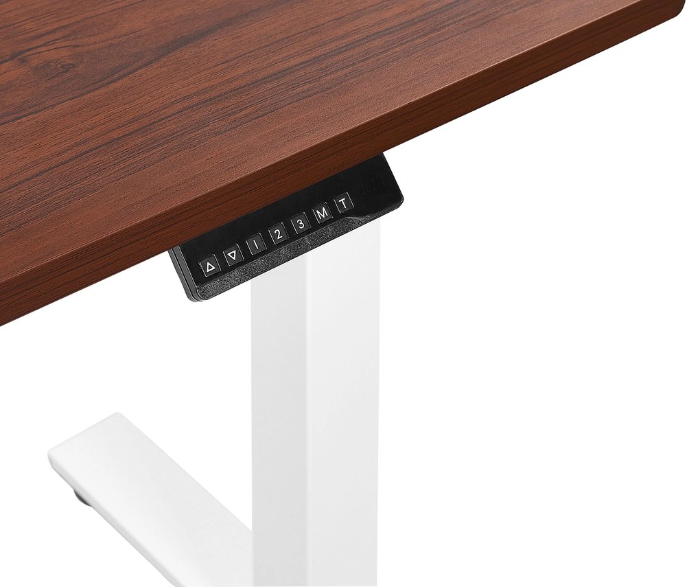 Rohový elektricky nastavitelný psací stůl levostranný 160 x 110 cm tmavé dřevo/bílý DESTIN II Beliani