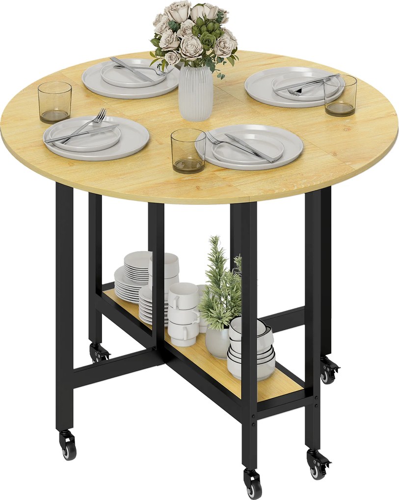 HOMCOM skládací jídelní stůl na kolečkách, kuchyňský stůl pro 4 osoby s integrovanou odkládací plochou, 100 x 75 cm, dub