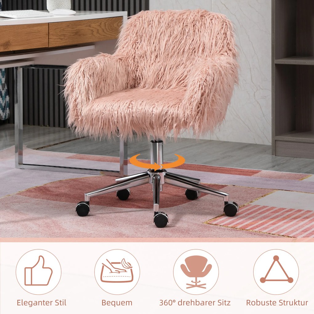 Kancelářská židle Vinsetto pro ženy, výškově nastavitelná kancelářská židle, ergonomická, umělá kožešina, růžová+stříbrná | Aosom