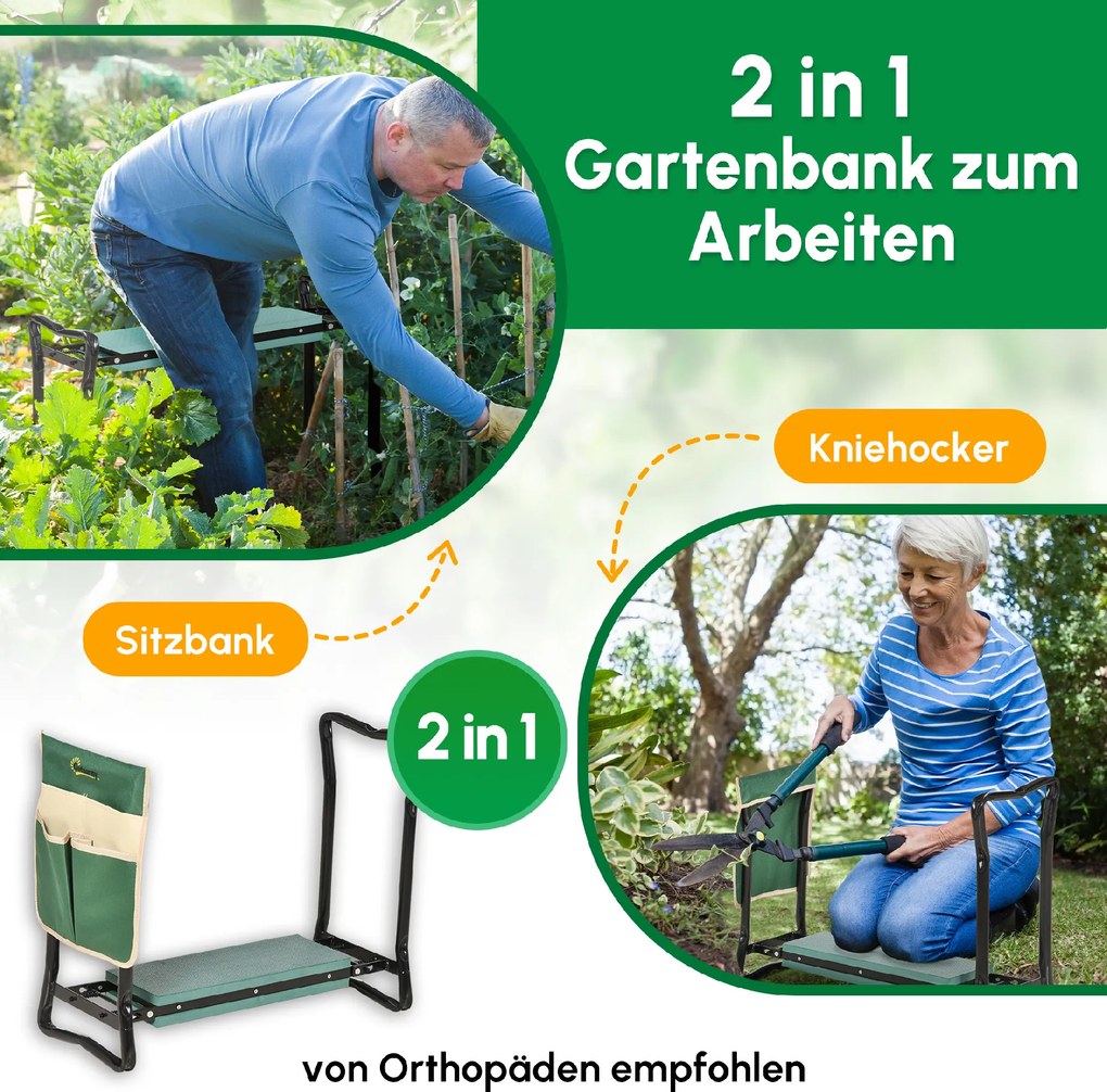 Outsunny kolenní lavice Skládací zahradní stolička 2 v 1 s brašnou na nářadí EVA pěna 58 x 28 x 49 cm pro zahradničení a rekreaci