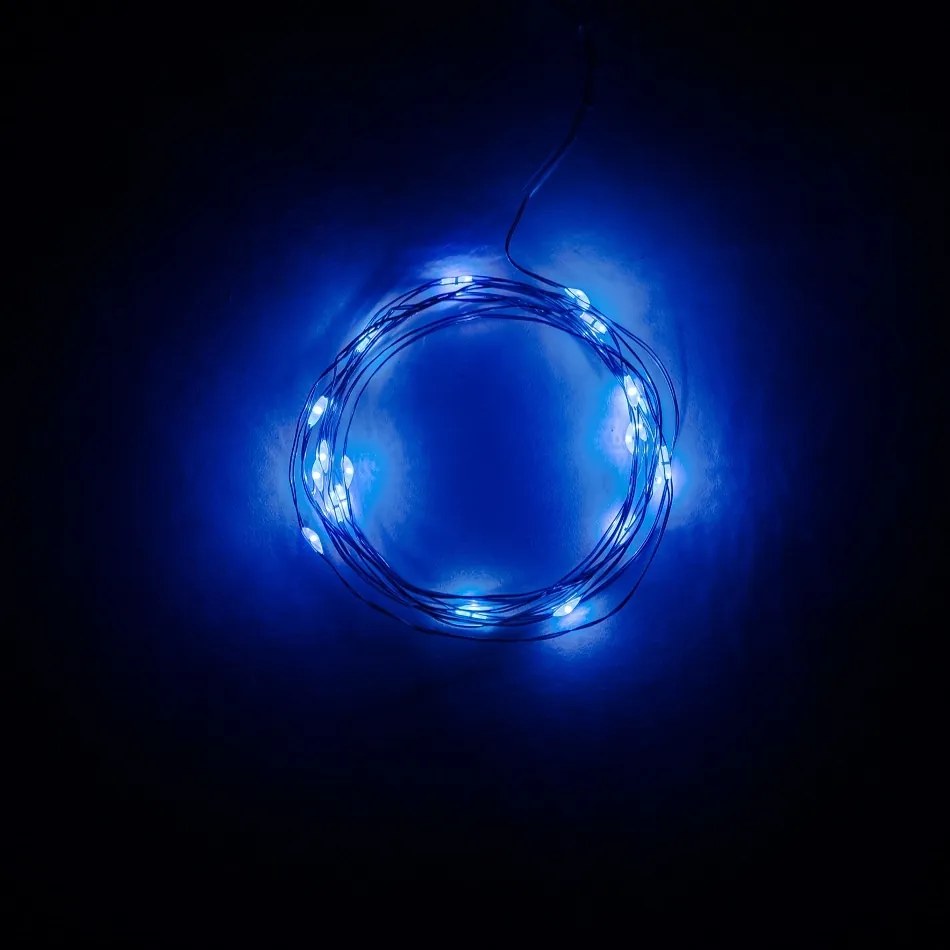 LED světýlka na baterie, kapičky, 2,30 m, modrá, 20 diod, drátek, IP20 interiér, 3 × AA