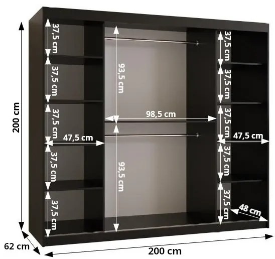 Šatní skříň ZYWICA 1 Abika 200/200/62 barevné provedení: černý mat