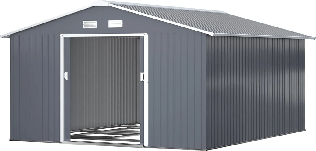 Outsunny Kovový Kůlna na Nářadí 26,2m³ 340x386x200cm Kůlna s Gablovou Střechou a Posuvnými Dveřmi Odolná proti Počasí Zahradní Dům Venkovní Kůlna na N