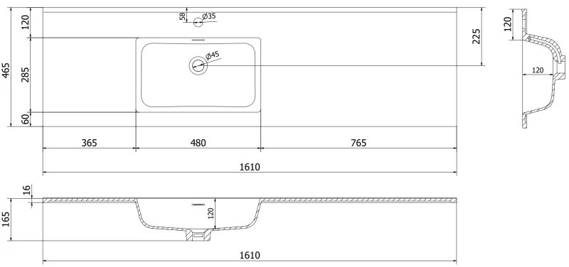 Mexen Rivel, koupelnová skříňka 160 cm s levým umyvadlem Otis, 2S, 1D, drážkovaná, grafitová/bílá matná, 91A23-16047-3-BBFFF66-W18L01