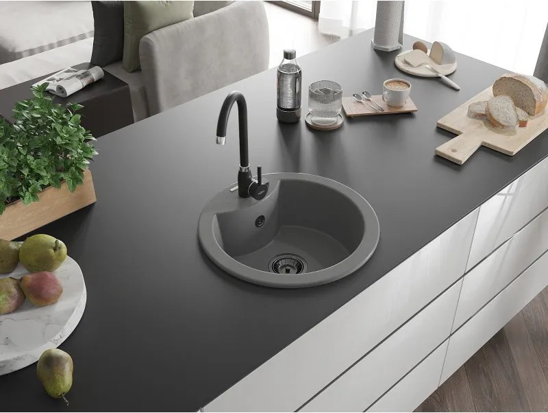 Mexen Diego, granitový dřez 488x488x167 mm, 1-komorový, šedá s černým sifonem, 6512481000-71-B