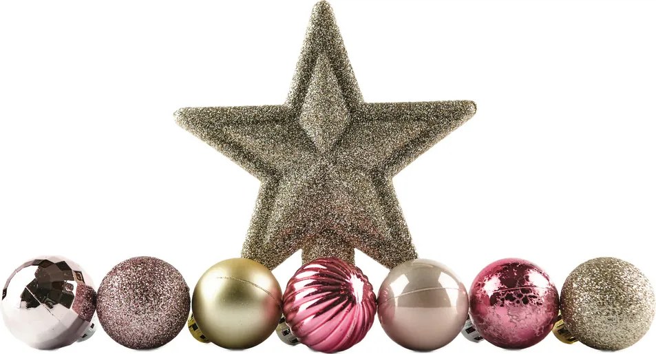 Sada vánočních ozdob růžová a stříbrná 3 cm, 1× glitter špice, plastové baňky IP44 venkovní, balení 29 ks