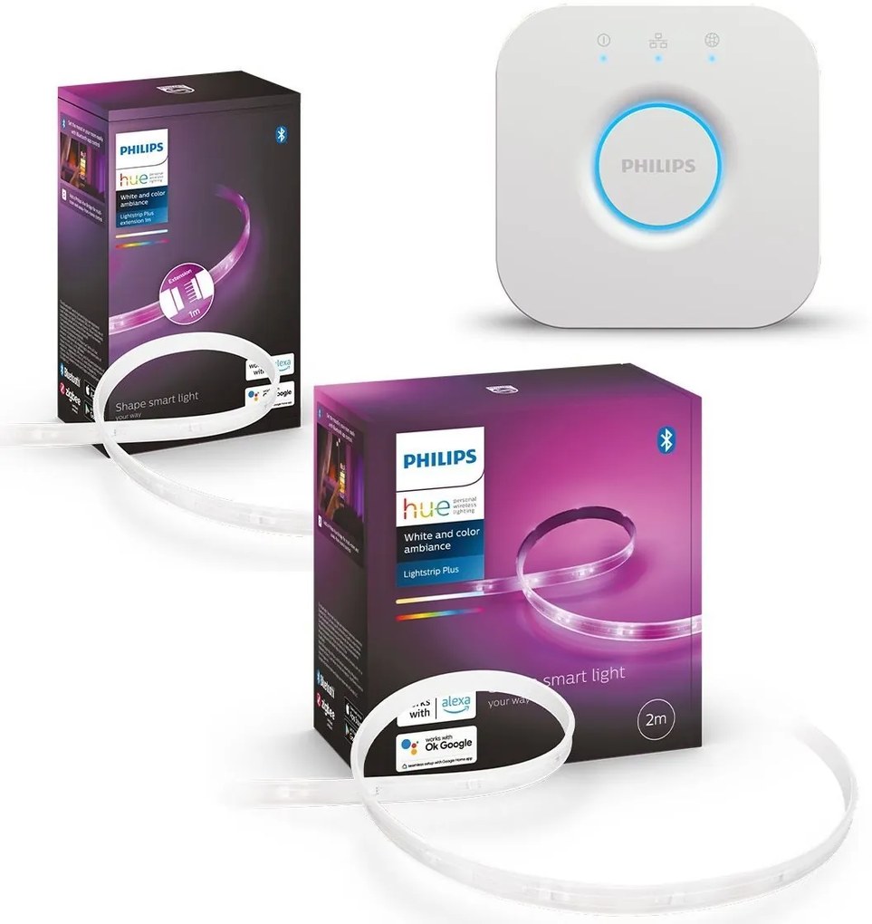 Sada chytrého osvětlení philips hue lightstrip plus v4 emea 2m base kit + hue lightstrip plus v4 emea 1m ext + philips hue b