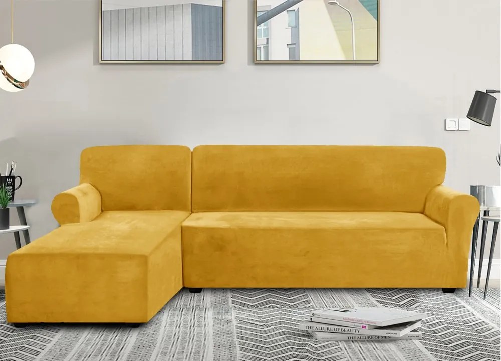 Napínací elastický plyšový potah na trojmístnou rohovou pohovku BestBerg / levá / žlutá