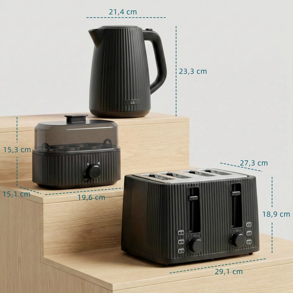 HOMCOM 1,7L rychlovarná konvice a sada 4-dílného toustovače, Vařič vajec pro 6 vajec s kontrolkou Černá