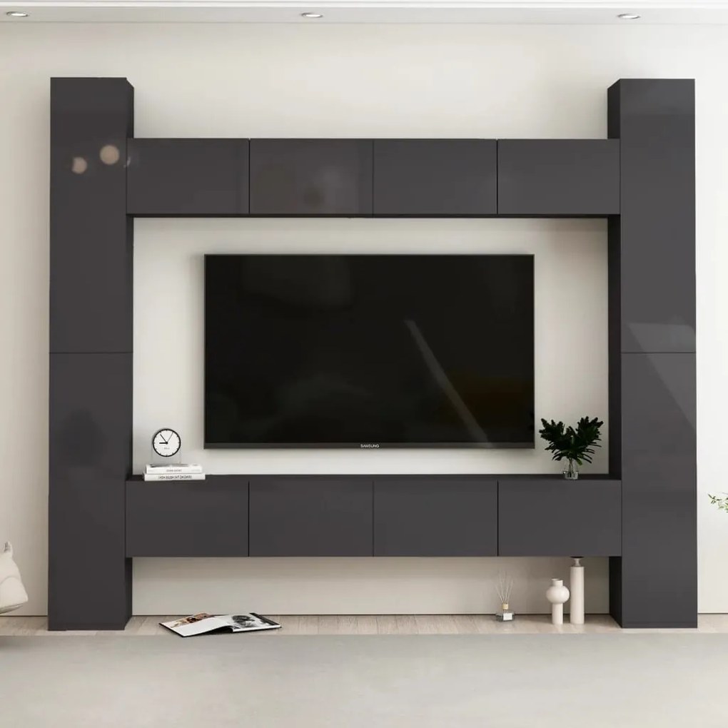 3079491 vidaXL 8dílný set TV skříněk šedý s vysokým leskem dřevotříska