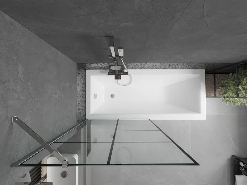 Mexen Next, vanová zástěna 1-křídlová 100 x 150 cm, fixní křídlo, 6 mm čiré sklo s černým vzorem, chromový profil, 895-100-000-00-77-01