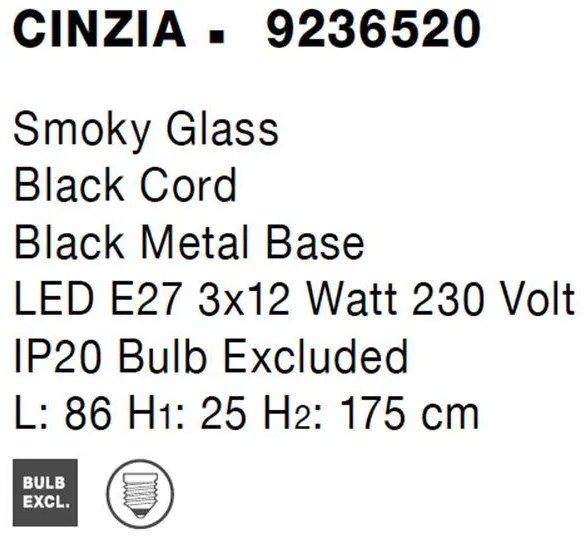 Nova Luce Závěsné svítidlo CINZIA kouřové sklo černý kabel černá kovová základna E27 3x12W