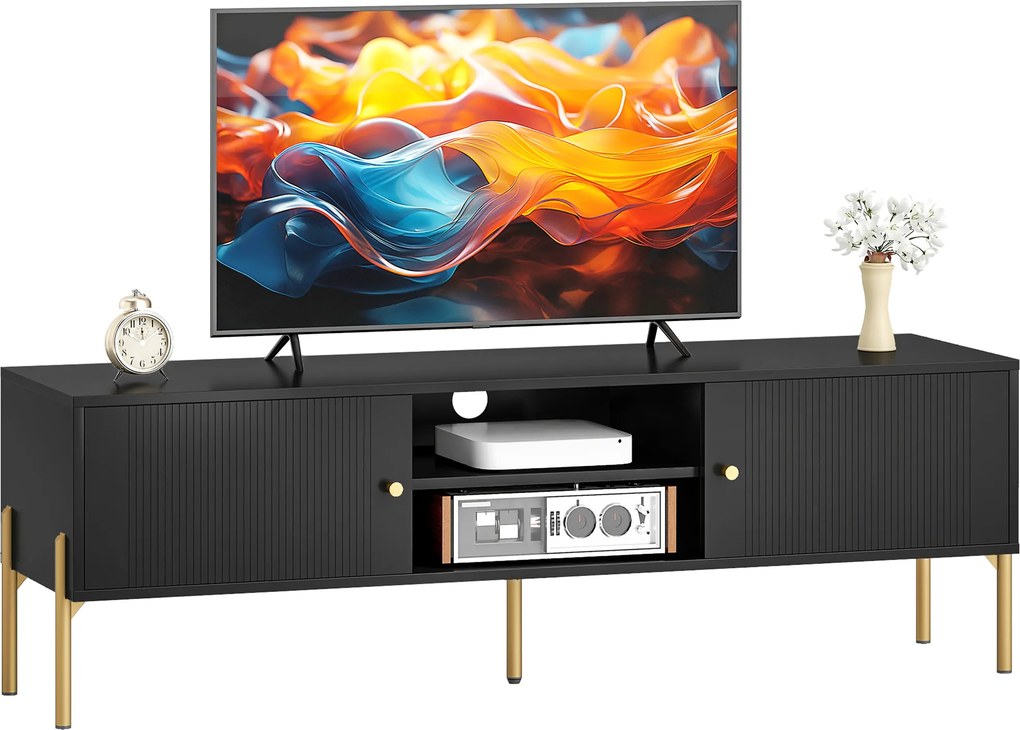 HOMCOM TV nábytek pro televizory až do 165,1 cm, žebrované dveře, otevřené přihrádky, kovové nohy, 140 x 38 x 45,9 cm, černé