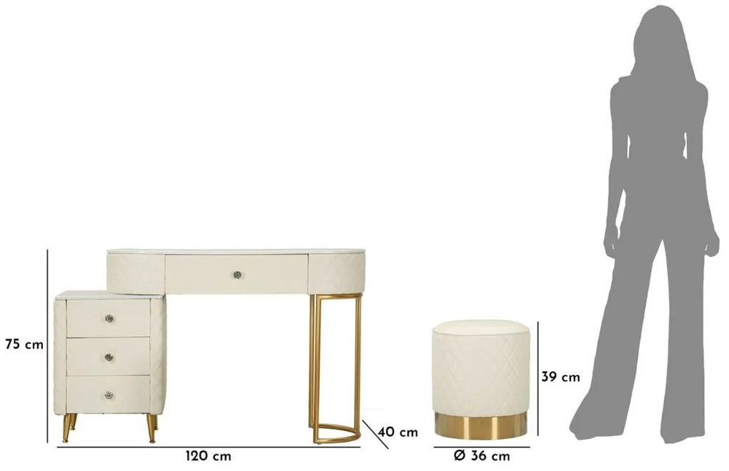 Designový toaletní stolek s taburetkou Pembroke krémový