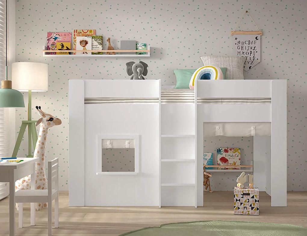 Dětská postel s domečkem a textilem noreno 90 x 200 cm bílá MUZZA