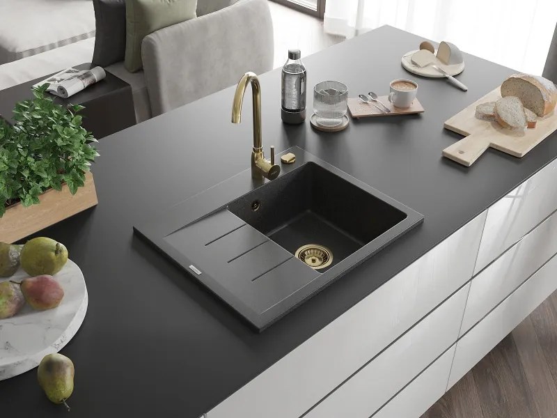 Mexen Ben, 1-komorový granitový dřez 600x500x190 mm, pravý + zlatý sifon, černá skvrnitá, 6523605000-76-G