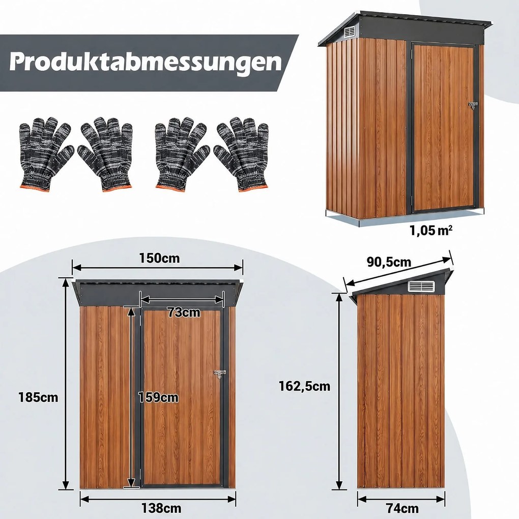Costway Zahradní přístřešek kovový 1,5 m³ kůlna na nářadí s pultovou střechou