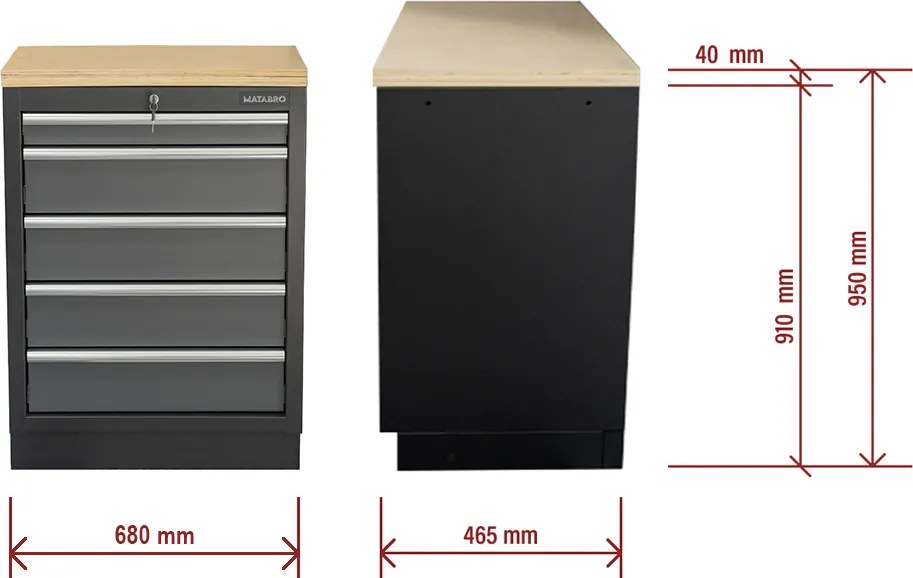 Dílenská skříňka s dřevěnou pracovní deskou | 5 šuplíků | 680x465x950 mm Matabro SET-CA01060