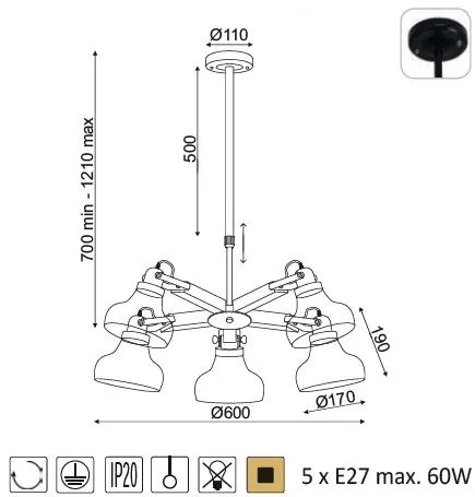 ACA DECOR Závěsné svítidlo PARALIA max. 5x60W/E27/230V/IP20