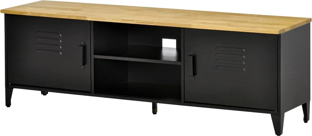 HOMCOM TV Stojan pro televizory do 55'' s 2 skříňkami, nastavitelné nohy, černý kovový rám, přírodní dřevěný vršek, 150 x 40 x 50 cm