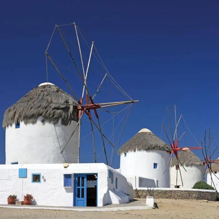 Třídílná vliesová fototapeta Větrné mlýny v Řecku, rozměr 225x250cm, MS-3-0208