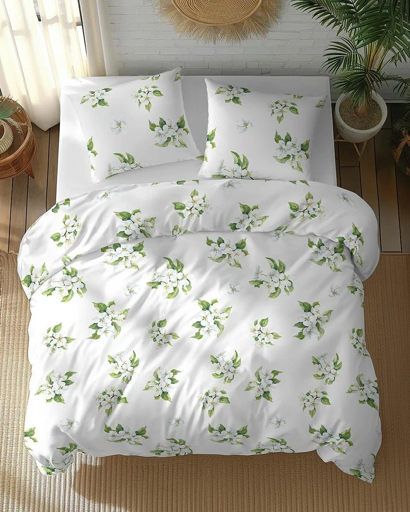 Detexpol Bavlněné povlečení 220x200 bílé s bílými květy a zelenými listy – 5766 B – Cotton Bloom