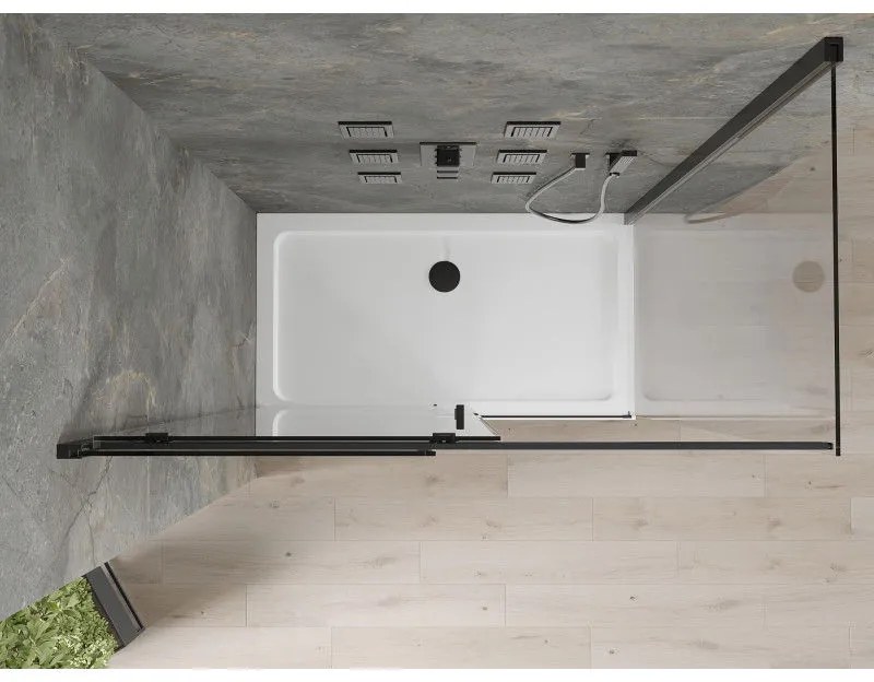 Mexen Omega, sprchový kout s posuvnými dveřmi 130 (dveře) x 70 (stěna) cm, 8mm čiré sklo, černý profil + slim sprchová vanička bílá s černým sifonem, 825-130-070-70-00-4010B