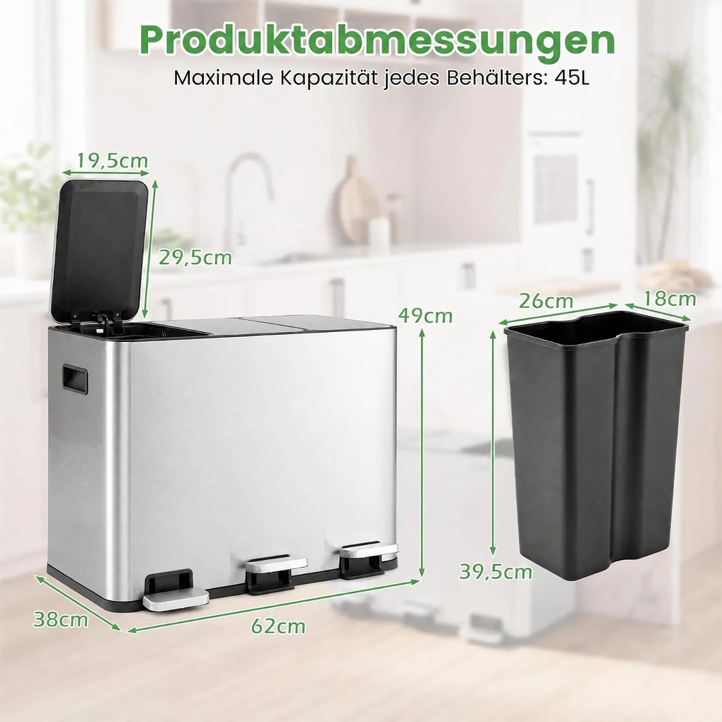 Costway Nerezový odpadkový koš 45 l se 3 pedály