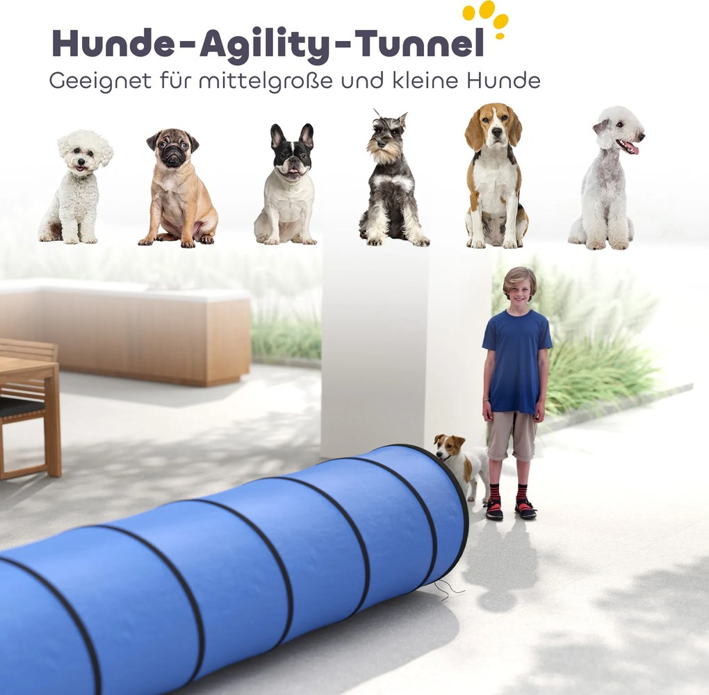 PawHut Psí agility tunel 300 x 50 cm Psí tunel se 4 kotvami do země Přenosná taška Hrací tunel pro malé středně velké psy Modrá barva