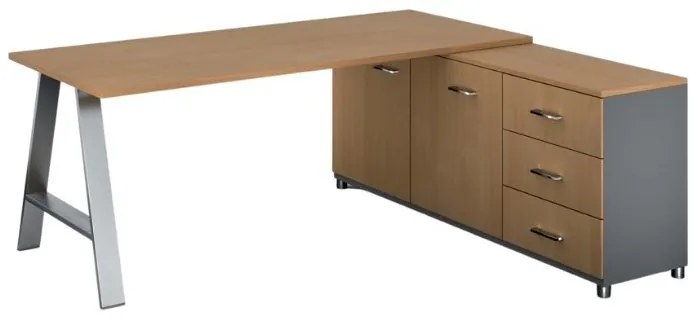 B2B Partner Rohový kancelářský psací stůl PRIMO STUDIO, skříňka vpravo, 1800 x 800 mm, šedá / buk