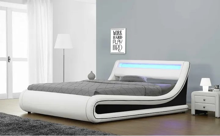 Manželská postel 163x200 cm s výklopným roštem a LED osvětlením v kombinaci bílá a černá ekokůže TK3007 ATYP