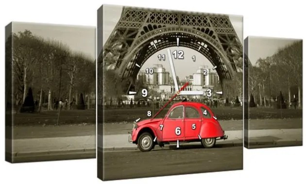 Tištěný obraz s hodinami Červené auto před Eiffelovou věží v Paříži 80x40cm ZP3533A_3AX