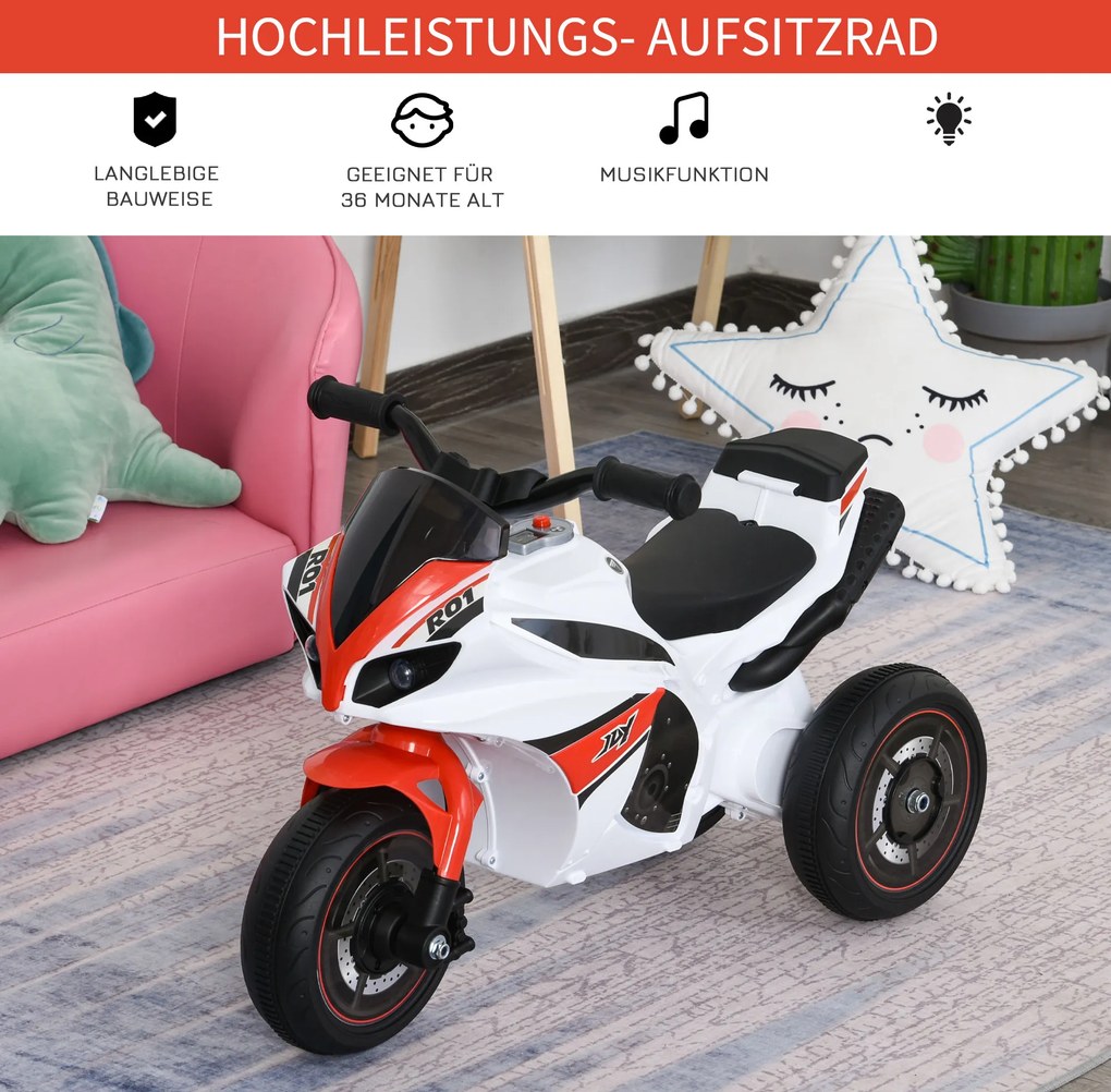 HOMCOM Dětská motorka s hudbou pro děti od 18 do 36 měsíců, bílá, 74x39x48 cm, stabilní a bezpečná pro batolata | Aosom.de