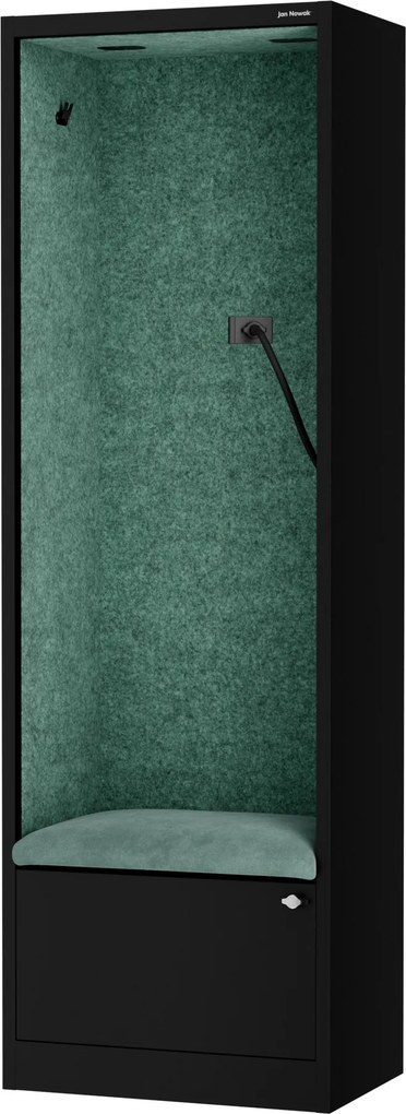 Kancelářská akustická kabina se sedátkem a USB-C portem, korpus černý / sedák zelený, 600 mm: SALLY MentalBox