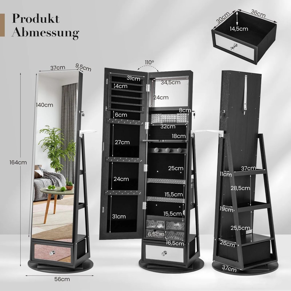 Costway 360° otočná šperkovnice se zrcadlovým uzamykatelným stojanem na šperky