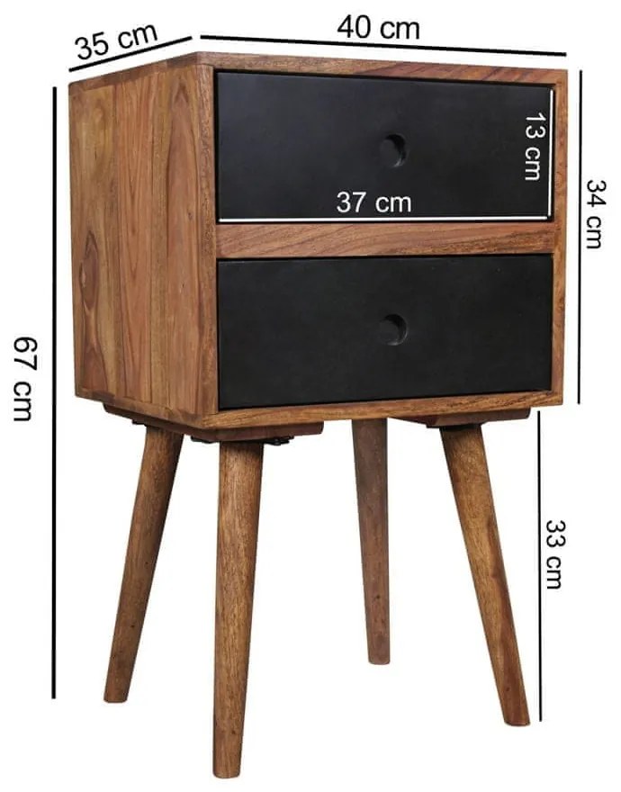 Bruxxi Noční stolek se zásuvkami Repa, 67 cm, masiv Sheesham, černá