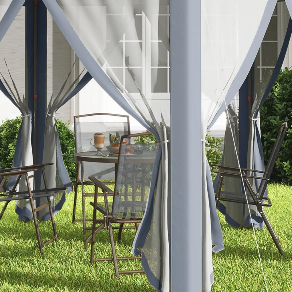 Outsunny skládací pavilon 4 x 4 m Šestiúhelníkový design Sítě proti hmyzu, voděodolná ventilační střecha pro grilovací párty Šedá+Bílá