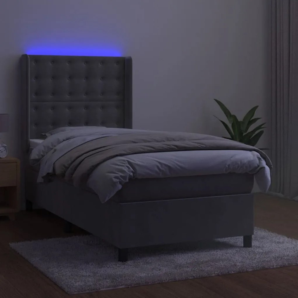 Box spring postel s matrací a LED světle šedá 90x190 cm samet 3139775