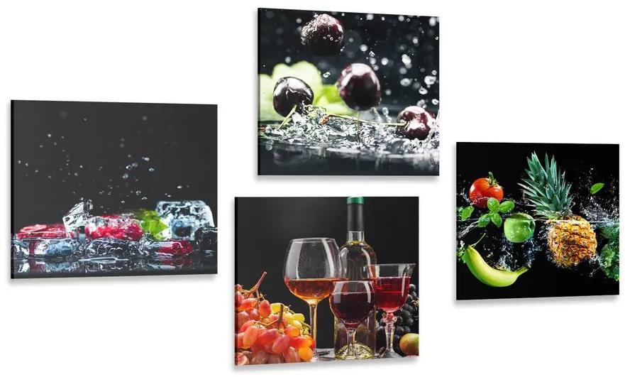 Set obrazů víno a kousky ovoce na černém pozadí Varianta: 4x 40x40