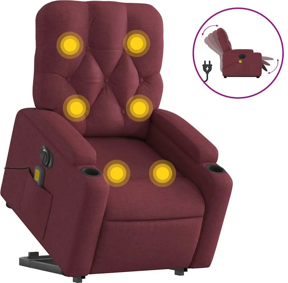 Elektrické zvedací masážní polohovací křeslo vínové textil 3204749