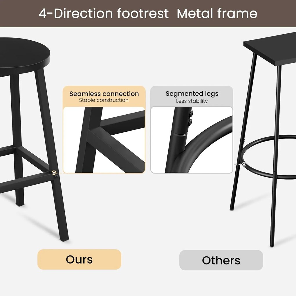 WOLTU barové židle – sada 2 ks, kovový rám, kulatý sedák, s opěrkou na nohy, černé