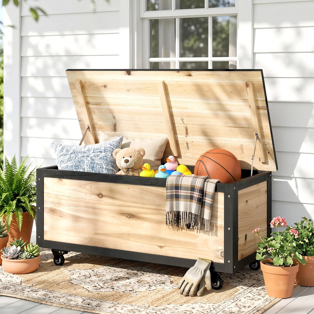 Outsunny zahradní box dřevěný úložný box 121L úložný box na kolečkách, úložný box odolný proti povětrnostním vlivům na balkon, terasu, do přírody