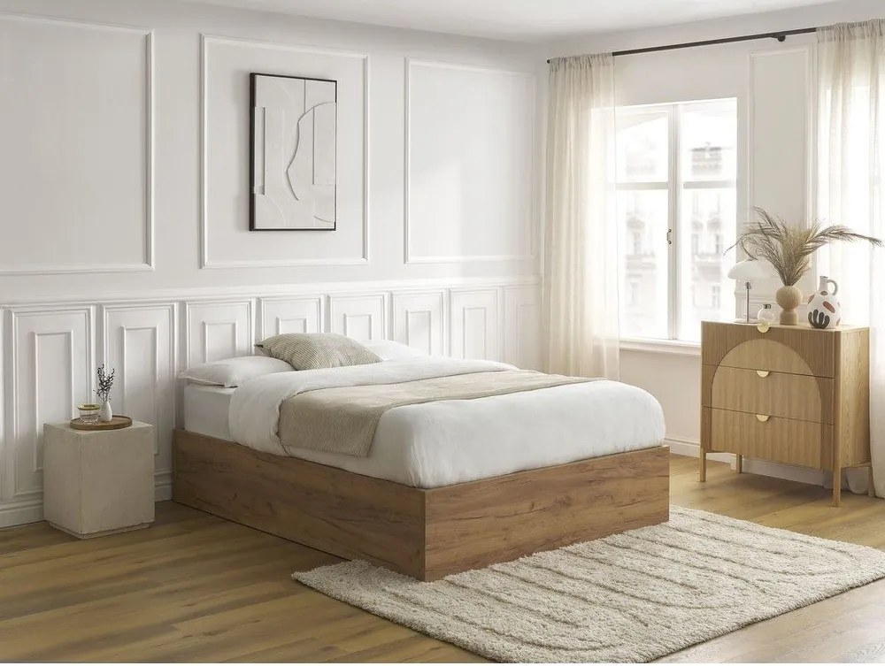 Dvoulůžková postel z dřevotřísky v dekoru břízy s úložným prostorem/bez čela s roštem 160x200 cm v přírodní barvě Mara – Bobochic Paris