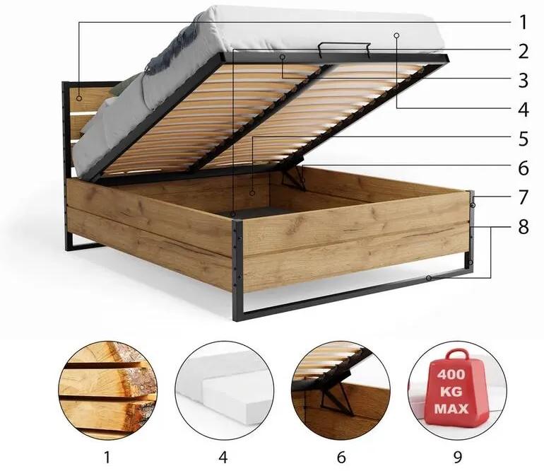 BMS Group Luxusní postel Loft - Dubové dřevo + ocelový rám 200x160