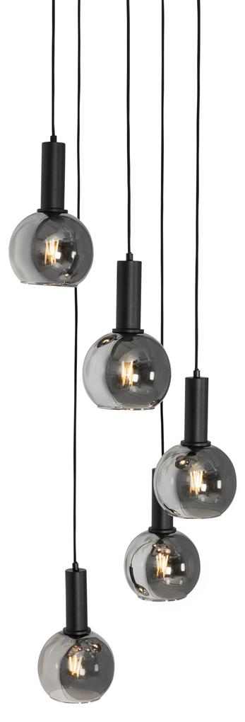 Art Deco závěsná lampa černá s kouřovým sklem kulatá 5-světelná - Josje