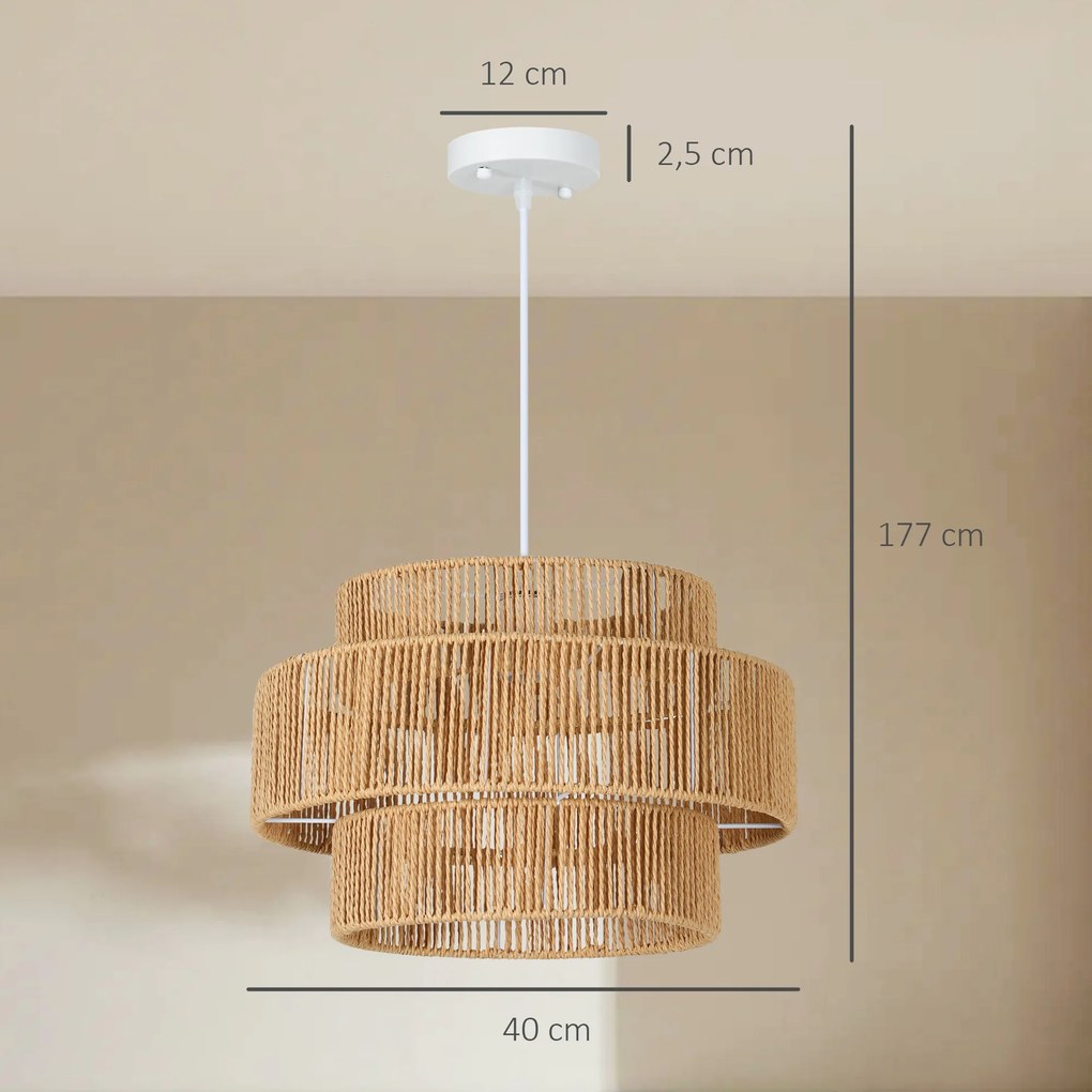 HOMCOM Závěsná lampa, 3stupňové stínidlo, kov, konopné lano, světle hnědá B31-521V00LR