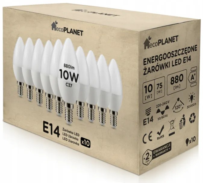 10x LED žárovka - ecoPLANET - E14 - 10W - svíčka - 880Lm - teplá bílá