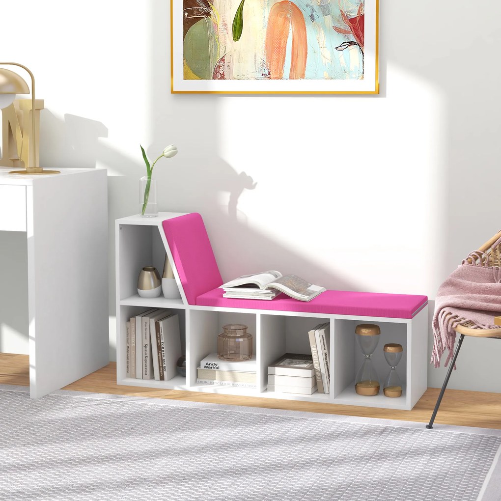 HOMCOM knihovní regál 2 v 1 s lavicí, 5 úložných přihrádek a 2 polštáři 108 x 30 x 60 cm bílá/růžová