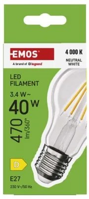 Emos lighting LED žárovka Filament A60 / E27 / 3,4 W (40 W) / 470 lm / neutrální bílá 1525733497