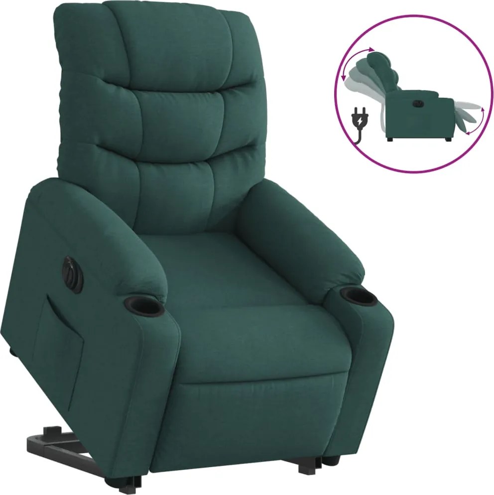 Elektrické zvedací polohovací křeslo tmavě zelené textil 3206669